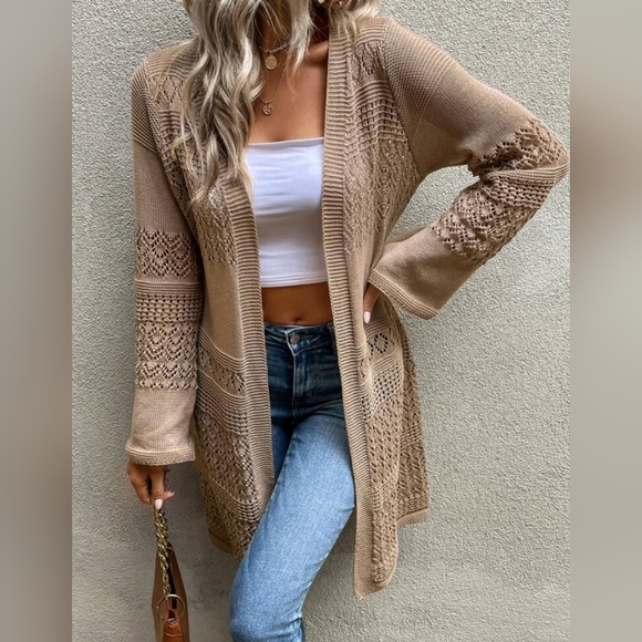 Sweaters | New Boho Lacey Pointelle Knit Long Cardigan Duster Camel ...